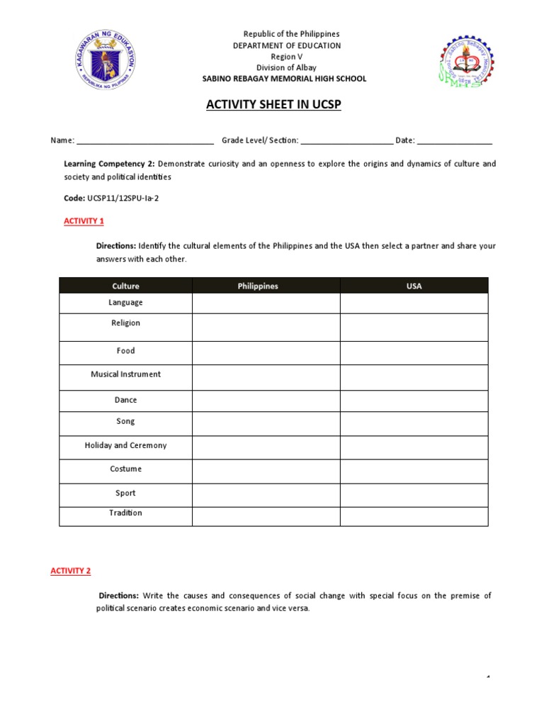 Ucsp Activity Sheets IPCRF WORD | PDF | Philippines