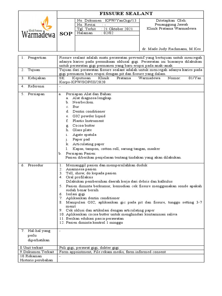 Sop Fissure Sealant | PDF