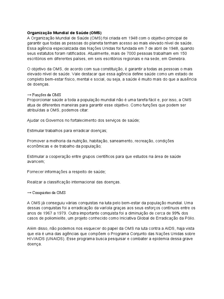 Organização Mundial de Saúde (OMS) | PDF