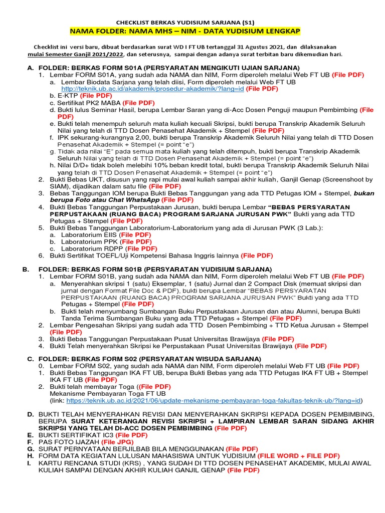 Checklist Berkas Yudisium Sarjana Jurusan PWK FT Ub-Update 02 Sep 2021-Berlaku Mulai Sem. Ganjil ...
