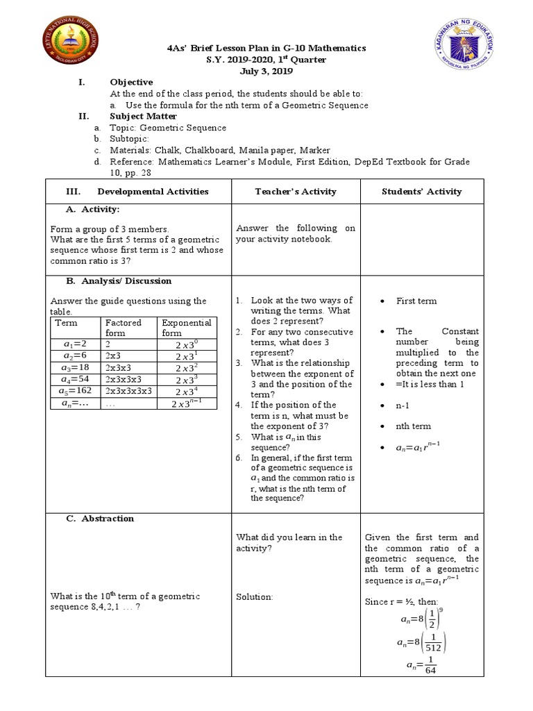 4as' Brief Lesson Plan in G-10 Mathematics S.Y. 2019-2020, 1 Quarter ...