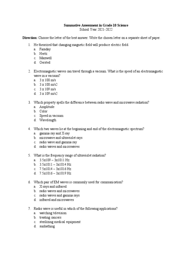Summative Assessment in Grade 10 Science | PDF | Electromagnetic ...