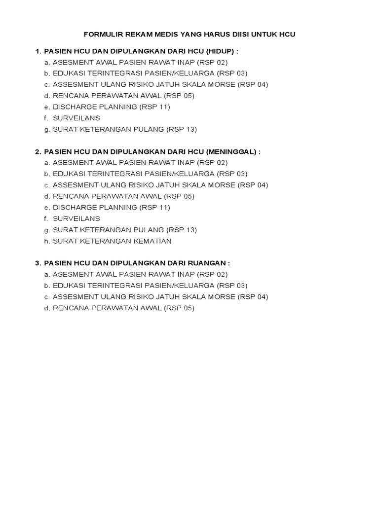 Formulir Rekam Medis Yang Harus Diisi Untuk Hcu | PDF