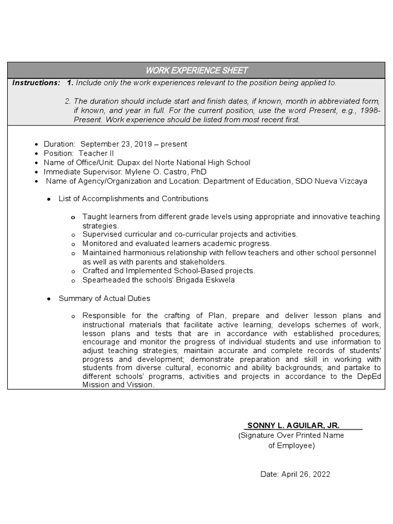 Cs Form No. 212 Attachment - Work Experience Sheet | PDF | Teachers ...