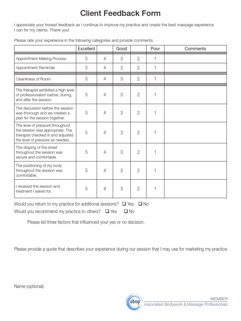 Massage Client Feedback Form PDF | PDF