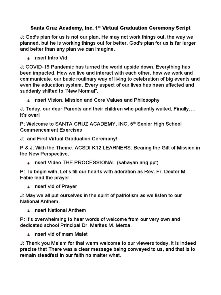 Santa Cruz Academy, Inc. 1 Virtual Graduation Ceremony Script | PDF | Lent