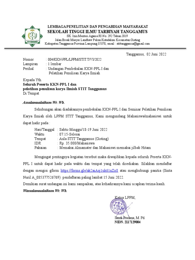 Undangan Pembekalan KKN-PPL I Dan Pelatihan Penulisan Karya Ilmiah | PDF