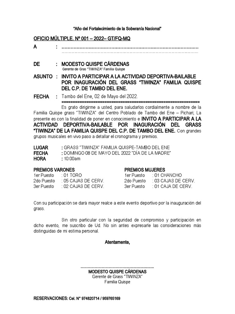 Oficio Multiple #002-2022 Invitacion Deportiva | PDF