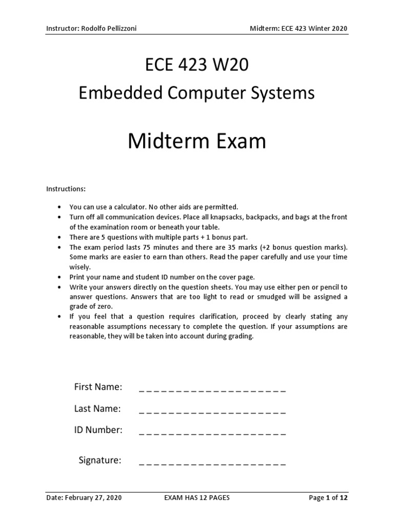 Midterm Exam: ECE 423 W20 Embedded Computer Systems | PDF | Parameter (Computer Programming ...