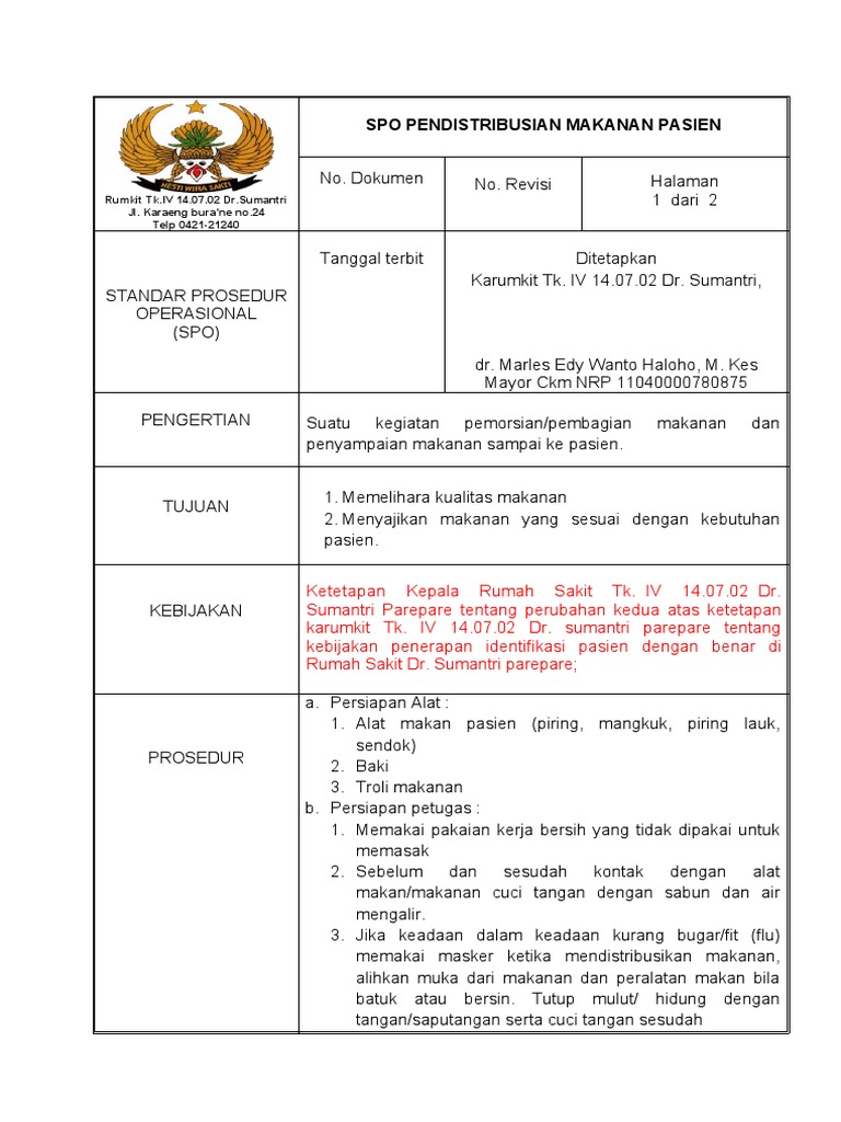 Prosedur Distribusi Makanan Pasien | PDF