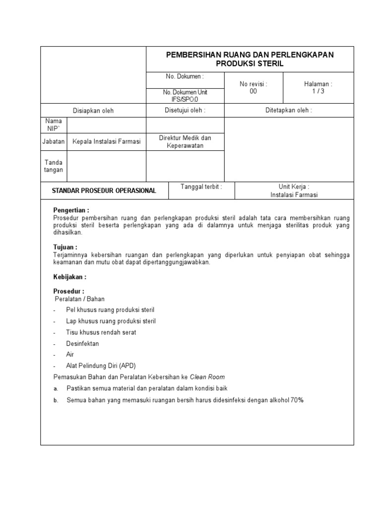 Spo Pembersihan Ruang Dan Perlengkapan Produksi Steril | PDF