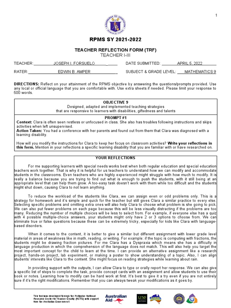 Appendix 4A Teacher Reflection Form For T I III For RPMS SY 2021 2022 ...
