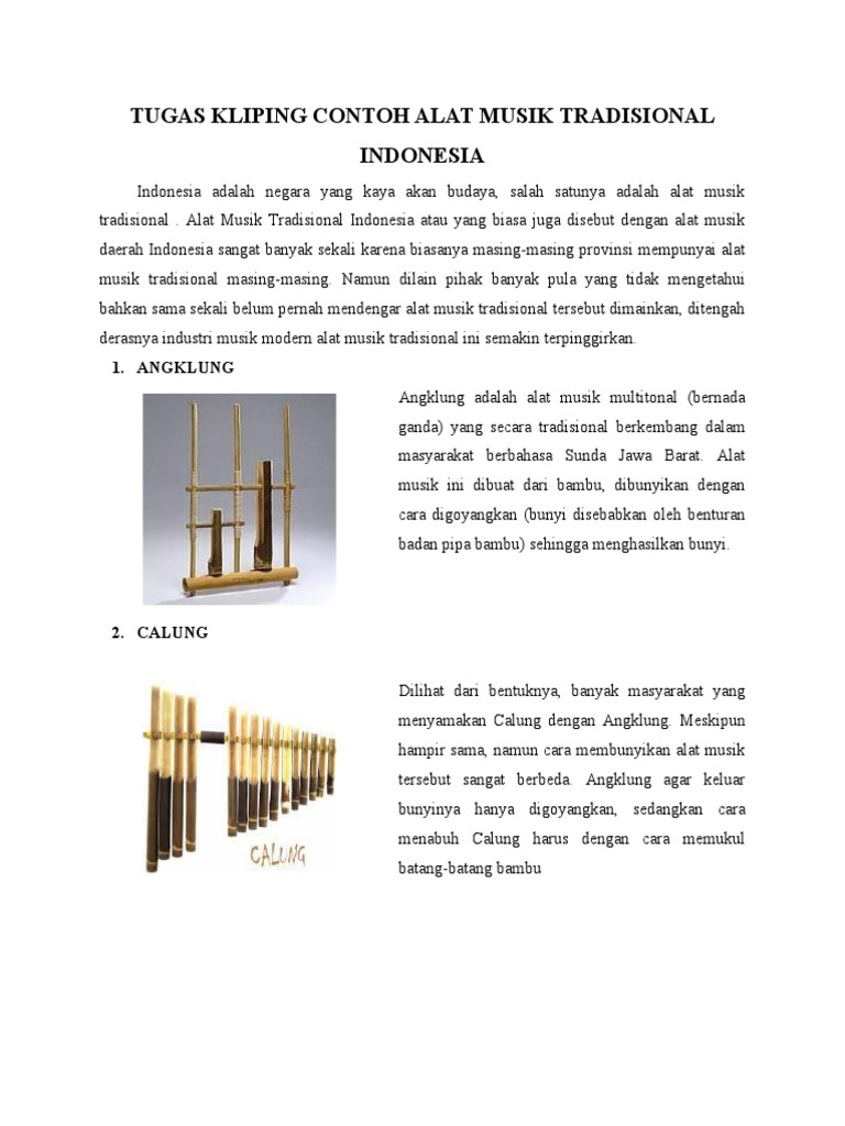 Tugas Kliping Contoh Alat Musik Tradisional Indonesia | PDF