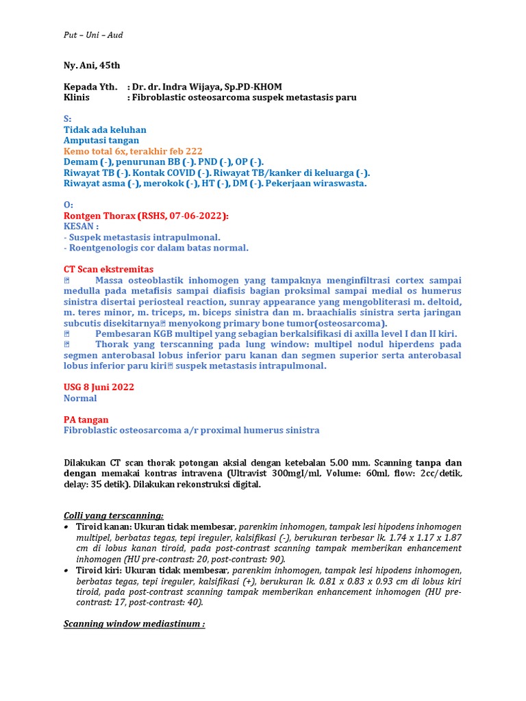 Ani, Fibroblastic Osteosarcoma Meta Paru Dan Pleura | PDF