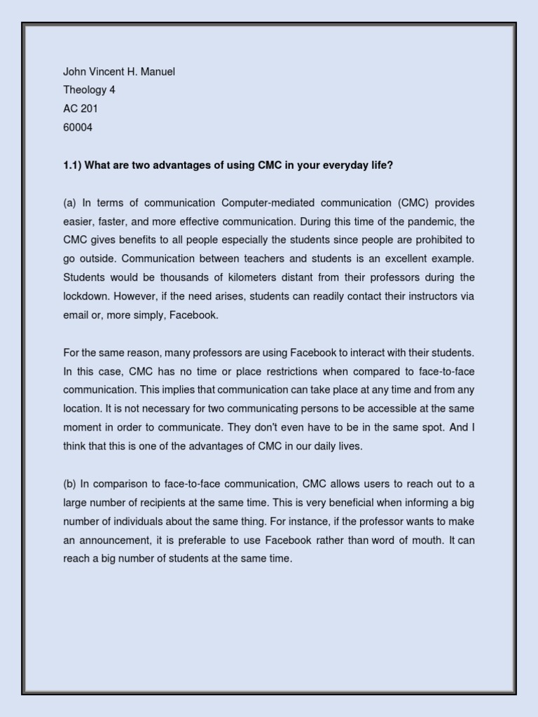 1 1 What Are Two Advantages Of Using Cmc In Your Everyday Life Pdf Computer Mediated