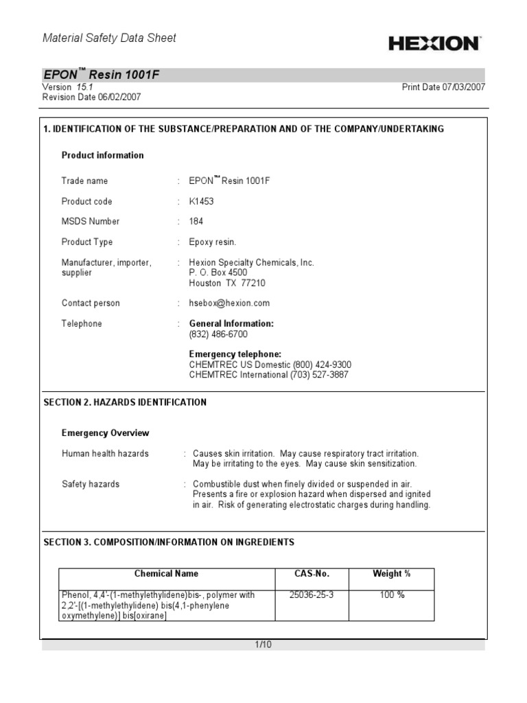 Epon Resin 1001F: Material Safety Data Sheet | PDF | Electrostatic ...