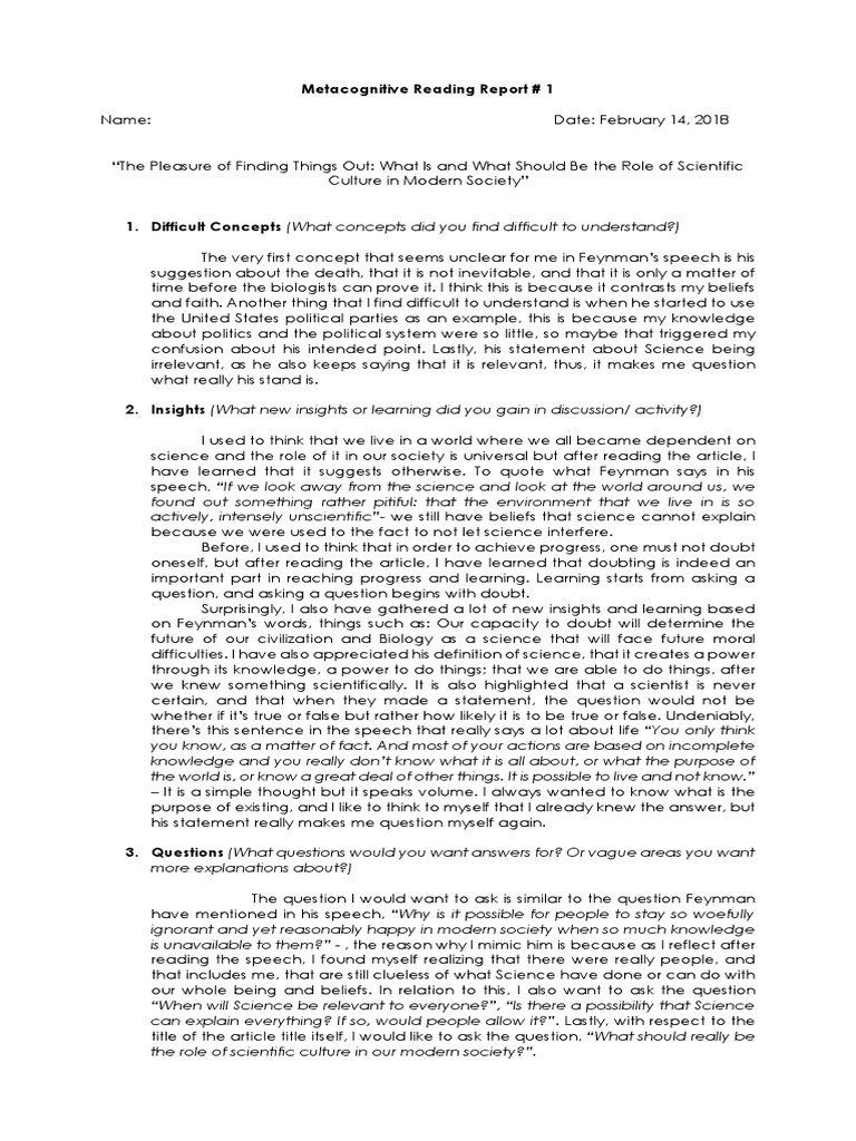 Metacognitive Reading Report | PDF | Science | Question