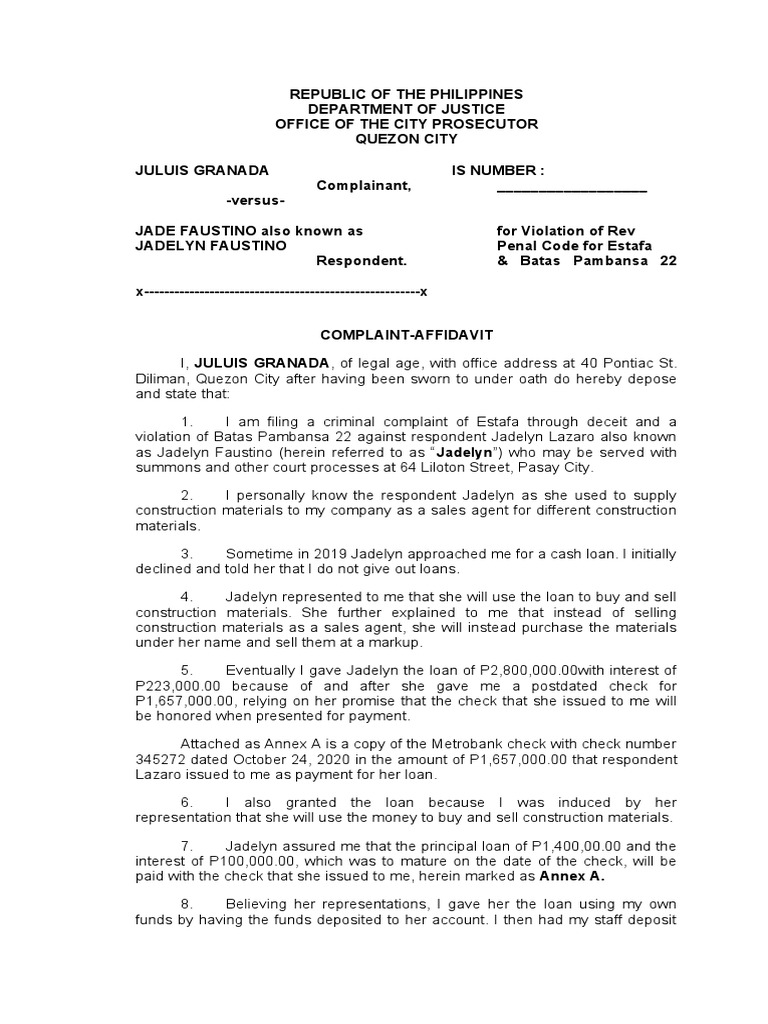 Complaint Affidavit BP 22 For A Loan | PDF | Banks | Affidavit