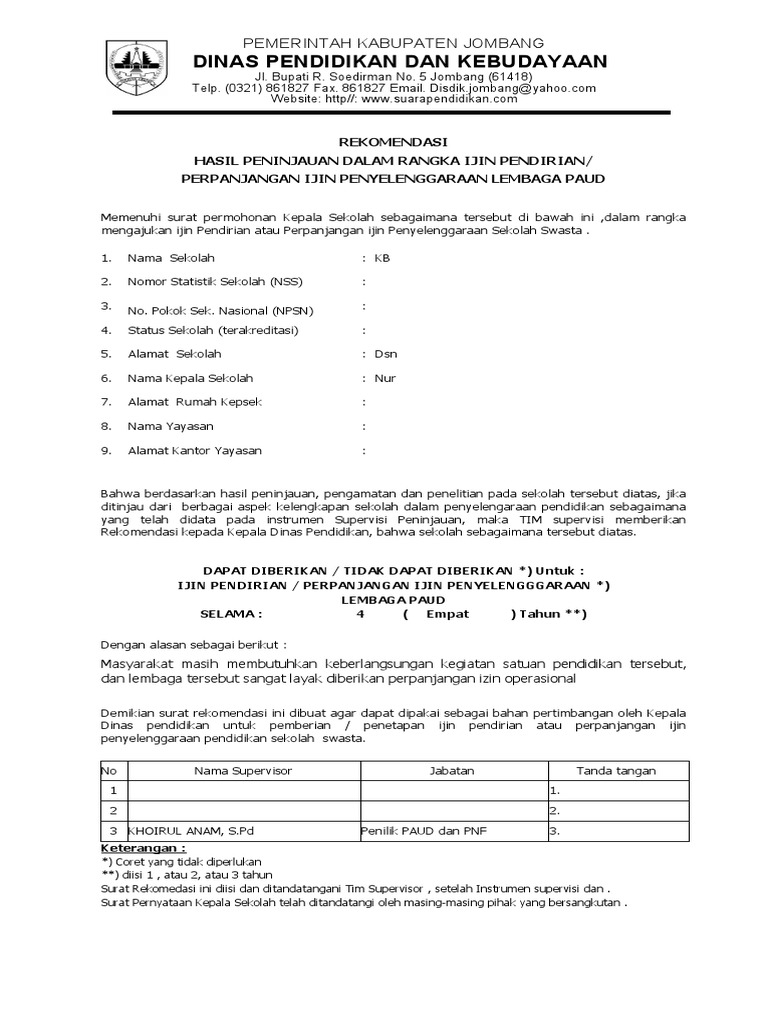 Instrmen Ijin Pendirian Dan Operasional Paud Edit | PDF