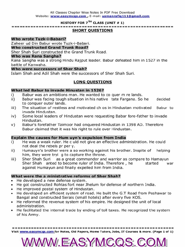 7th Class History Federal Board Old Syllabus Unit 1 | PDF
