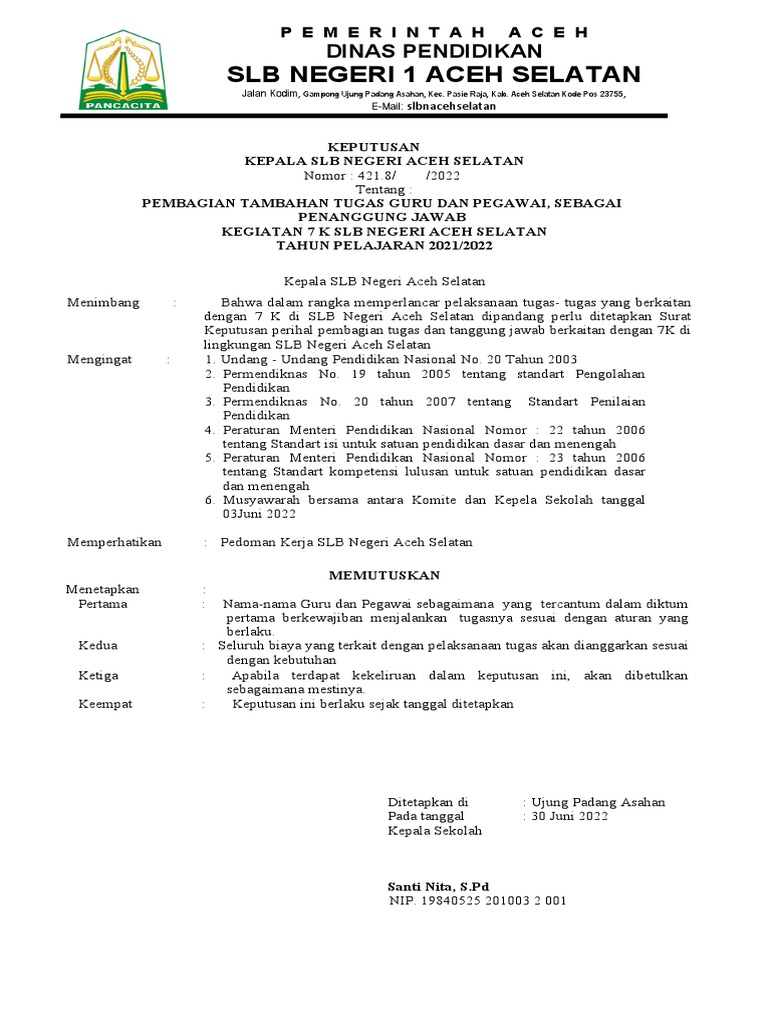 SLB Negeri 1 Aceh Selatan: Dinas Pendidikan | PDF