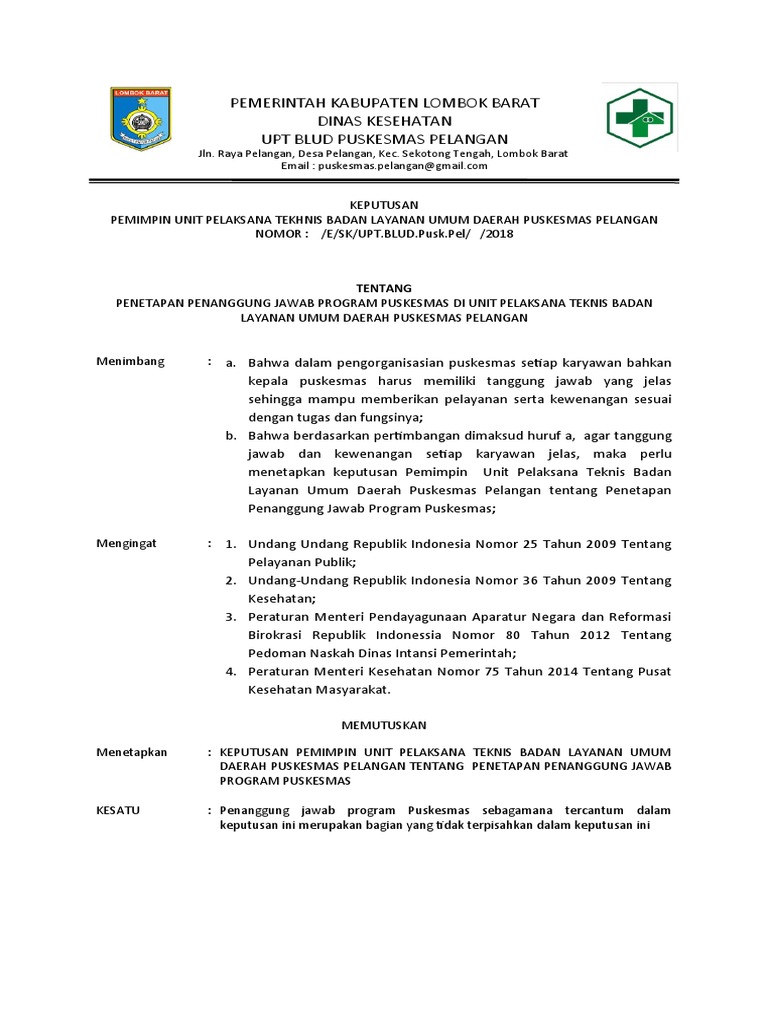 SK 014 Penetapan Penanggung Jawab Program Puskesmas | PDF