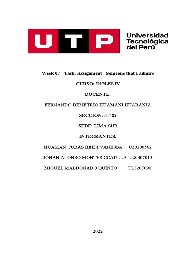 Week 07 - Task: Assignment - Someone That I Admire Curso: Ingles Iv ...