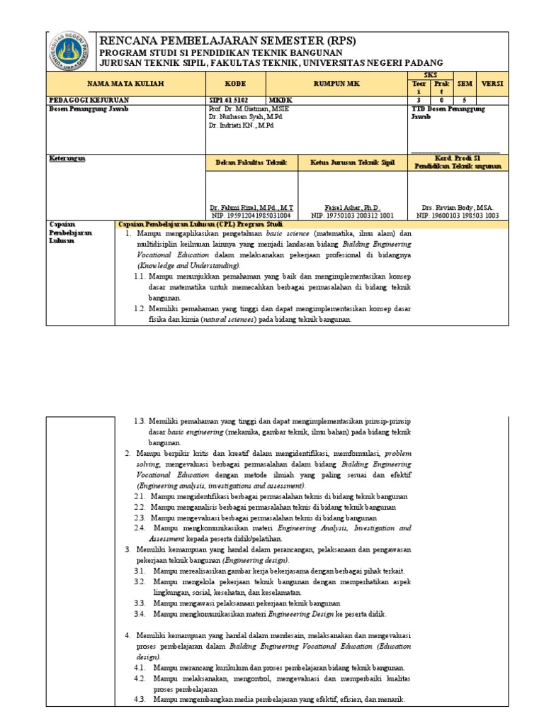 RPS Pedagogi Kejuruan | PDF