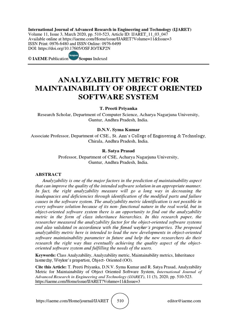 Analyzability Metric For Maintainability Of Object Oriented Software System Pdf Software 5685