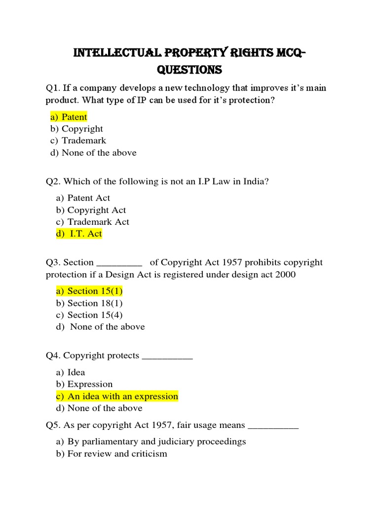 Intellectual Property Rights MCQ Final | PDF | Trademark | Patent