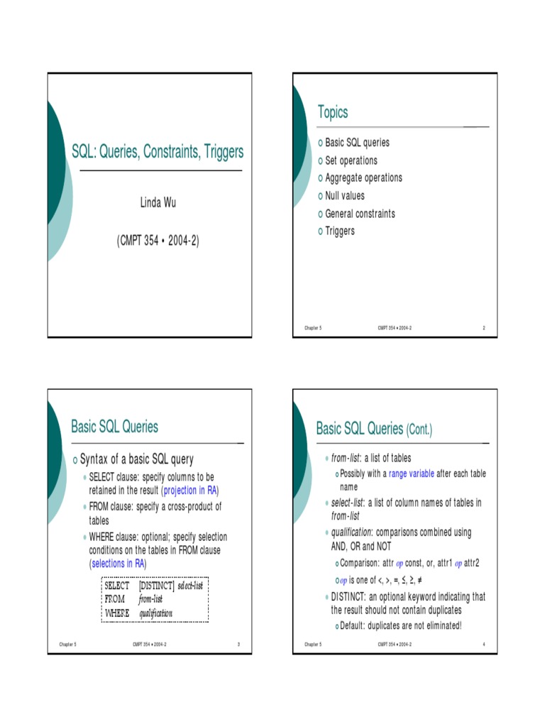 SQL: Queries, Constraints, Triggers: Topics | PDF | Relational Database | Databases