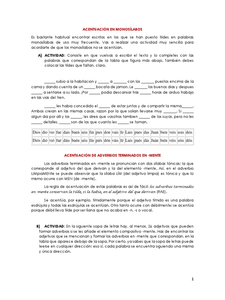 Acentuacion de Monosilabos y Adverbios | PDF | Fonética | Idiomas