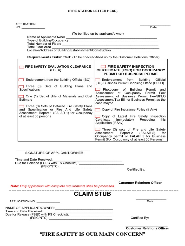 Fire Station Application Form With Claim Stub | PDF | Fire Safety