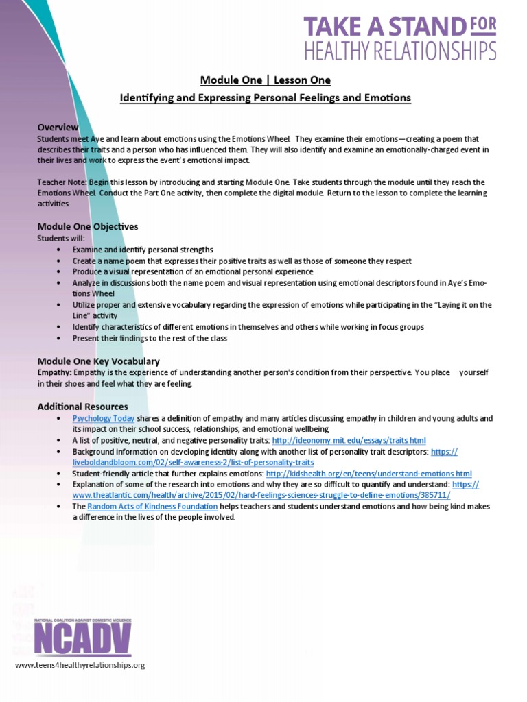 Module One Lesson ONE - Identifying and Expressing Personal Feelings ...