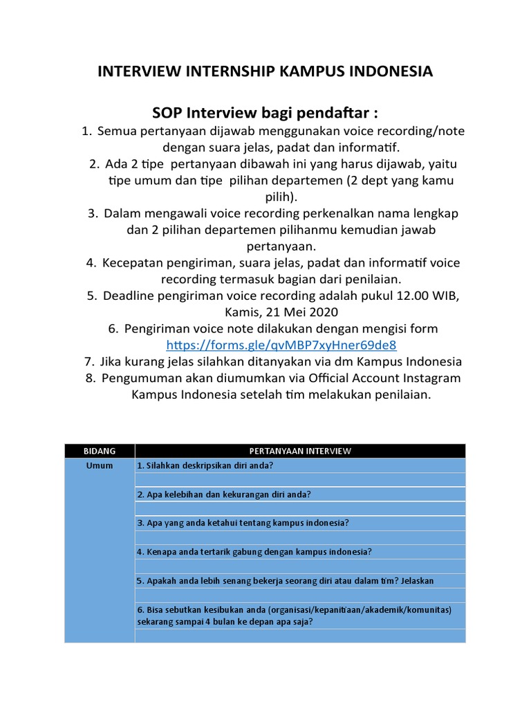 Pertanyaan Interview Internship Kampus Indonesia | PDF