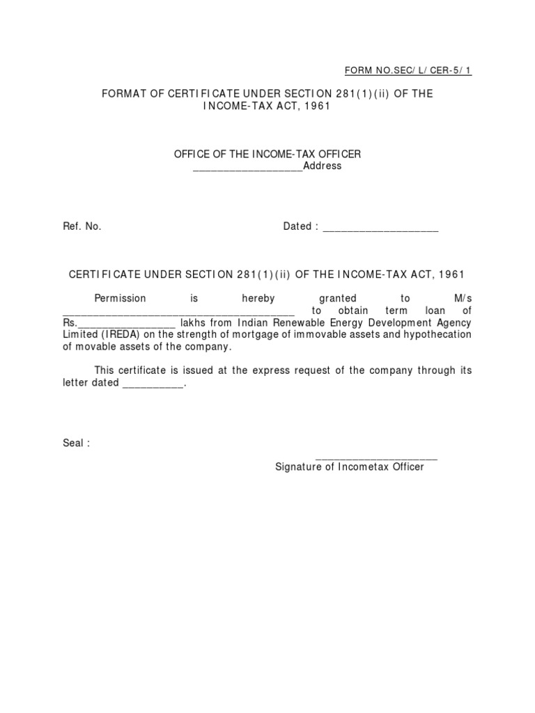 Certificate under Section 281(1)(ii) of Income Tax Act 1961 for IREDA ...