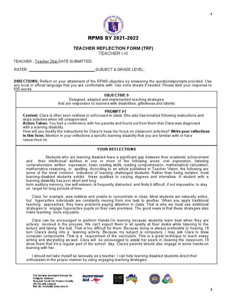 RPMS SY 2021-2022: Teacher Reflection Form (TRF) | PDF | Intellectual ...