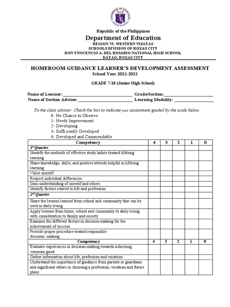 Homeroom Guidance Learner's Development Assessment (JHS) | PDF ...