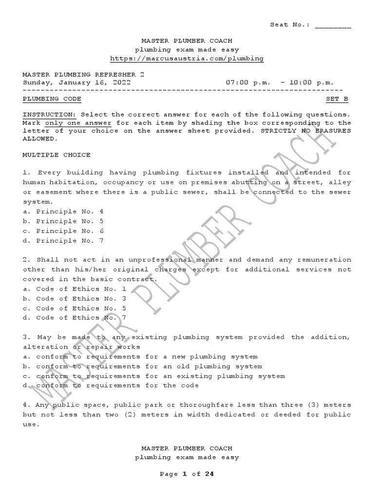 Plumbing Code Refresher Set B | PDF | Plumbing | Pipe (Fluid Conveyance)