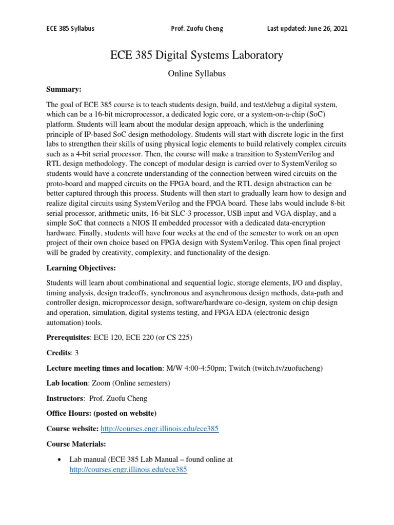 Ece 385 Digital Systems Laboratory Online Syllabus Download Free Pdf System On A Chip 