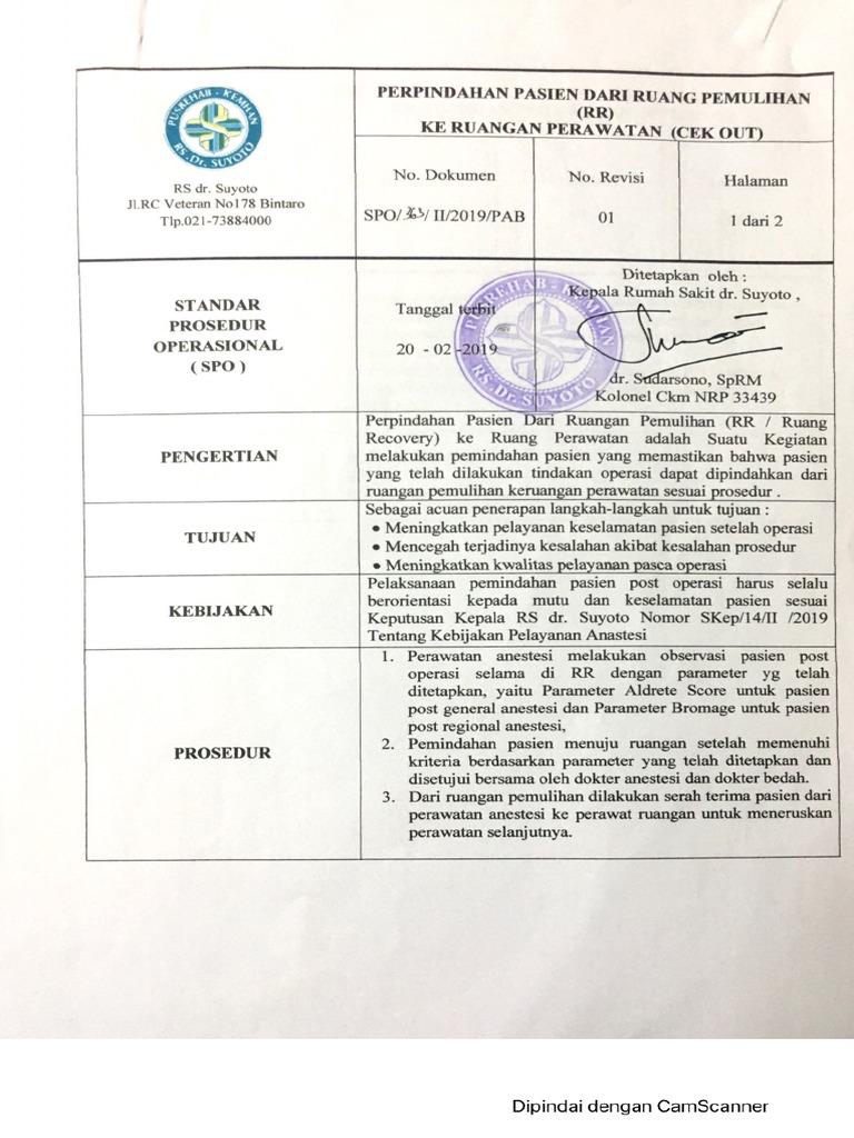 SPO Pemindahan Pasien Post Anestesi | PDF
