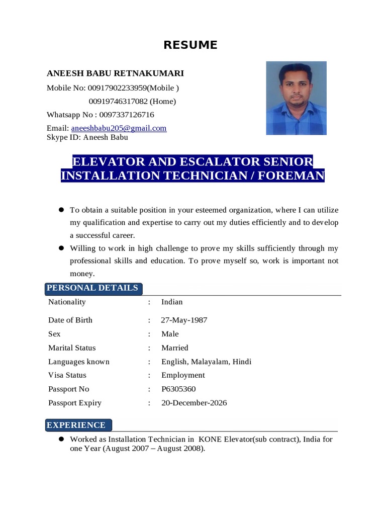Elevator and Escalator Senior Installation Technician / Foreman | PDF ...