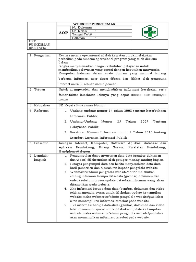 SOP Pengelolaan Website Puskesmas Besitang | PDF | Bisnis | Teknologi & Rekayasa