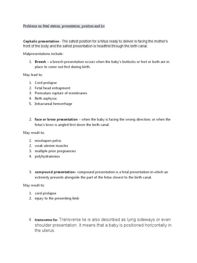Problems On Fetal Station, Presentation, Position and Lie | PDF