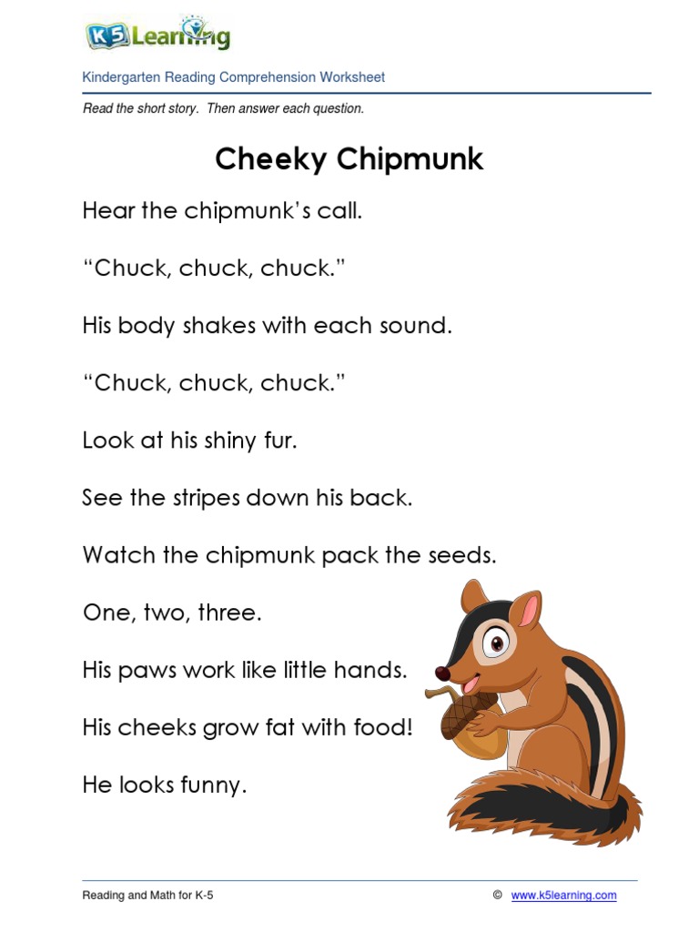 Cheeky Chipmunk: Kindergarten Reading Comprehension Worksheet | PDF