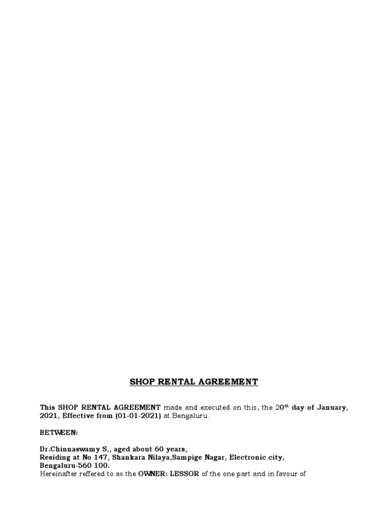 Shop Rental Agreement: Hereinafter Reffered To As The OWNER: LESSOR of ...