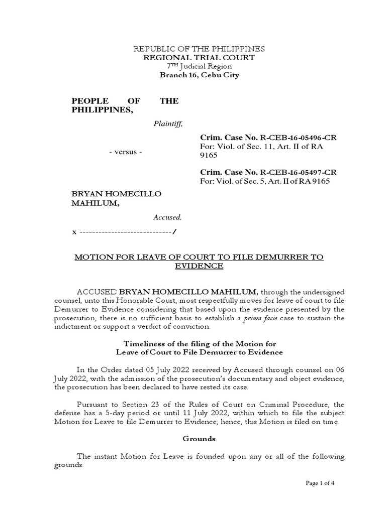 Motion For Leave To File Demurrer To Evidence (Mahilum) | PDF ...