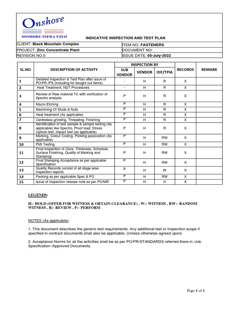 Itp For Fasteners | PDF | Specification (Technical Standard) | Business Process