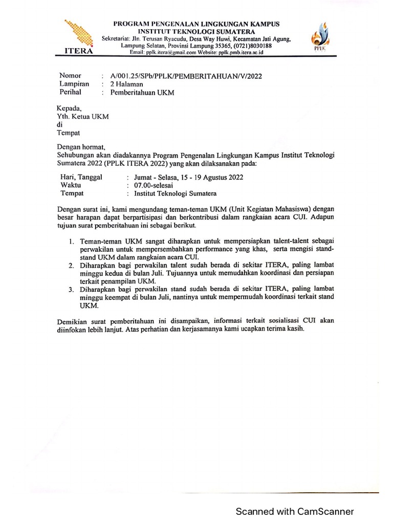 Surat Pemberitahuan UKM ITERA | PDF