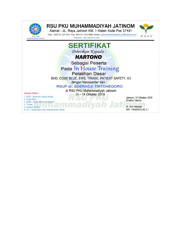 Sertifikat BHD Ews Code Blue k3 SKP | PDF